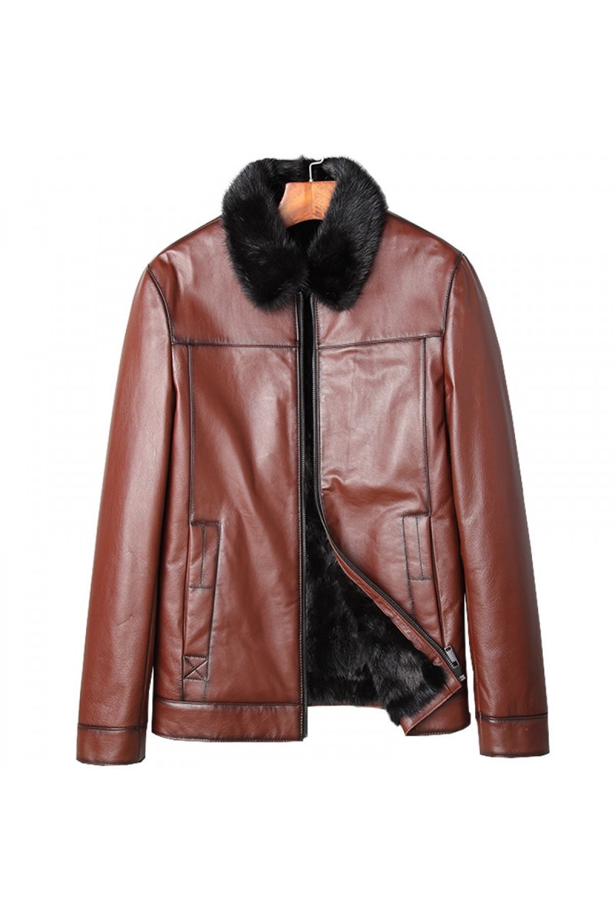 Shearling Genuine Cow Leather Fur Collar Brown Leather Jacket