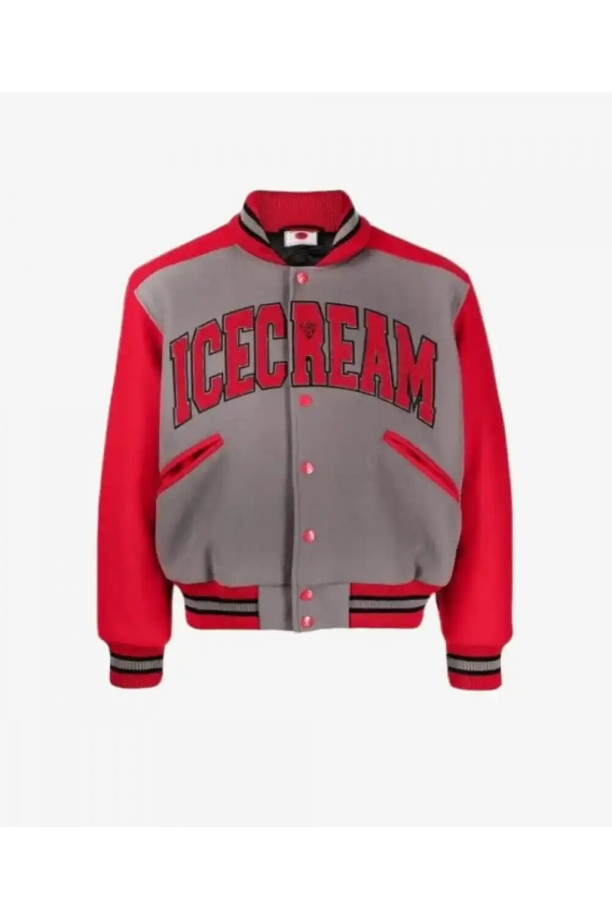 ICECREAM College Gray and Red Varsity Jacket