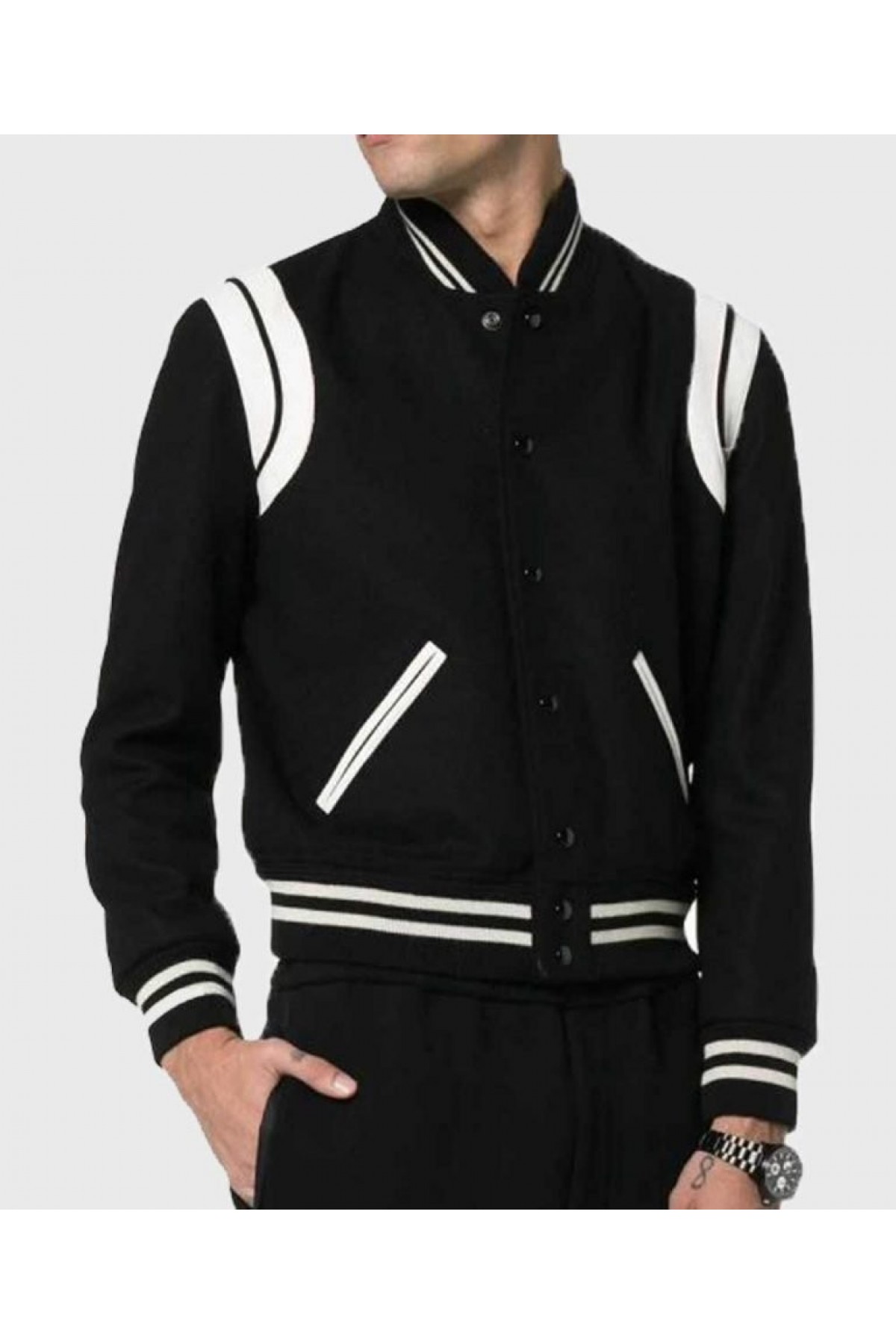 Saint Laurent Teddy Wool Varsity Jacket – Black & White