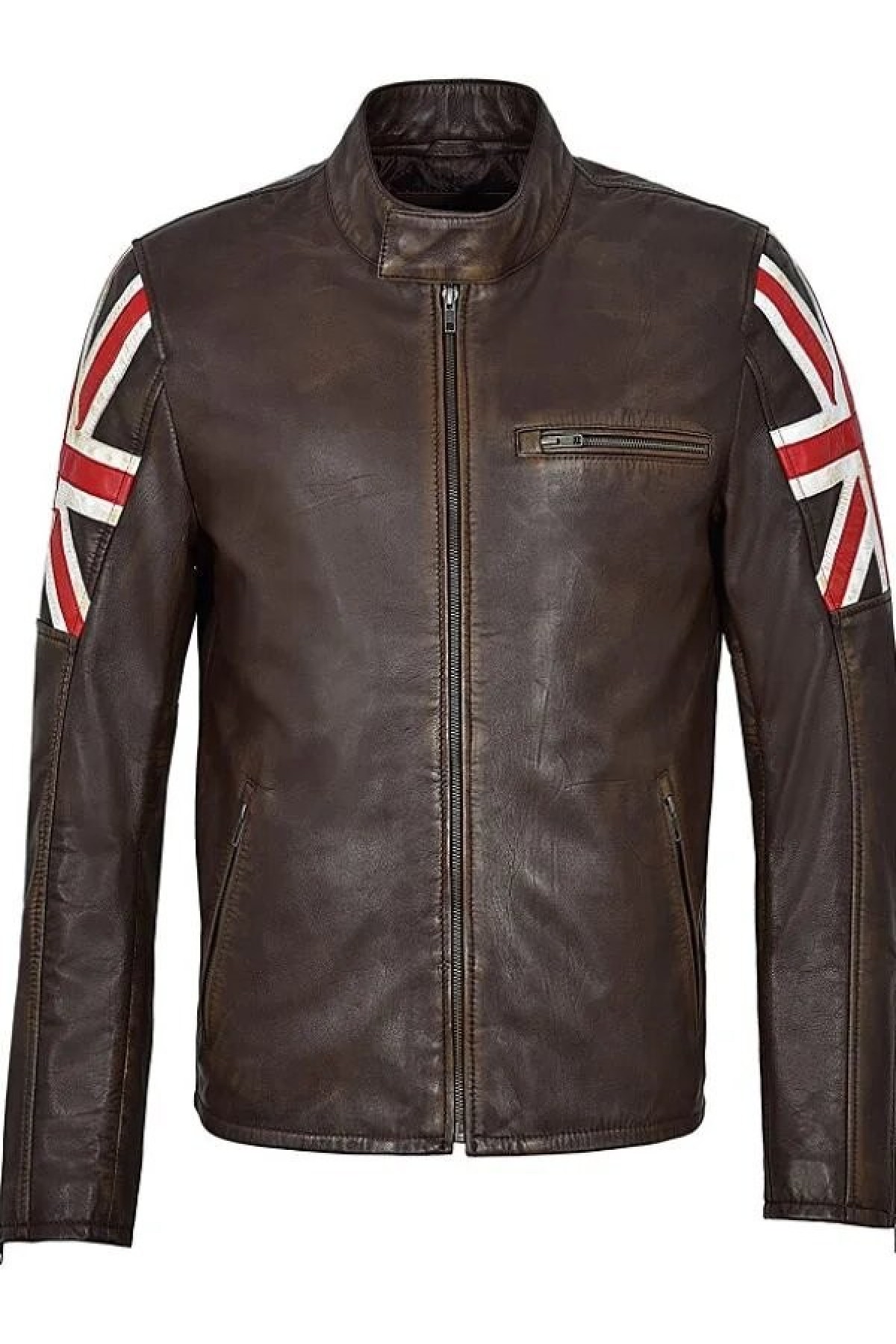 UK Flag Cafe Racer Biker Brown Leather Jacket